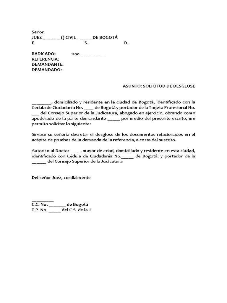 Minuta Solicitud de Desglose de Documentos | PDF