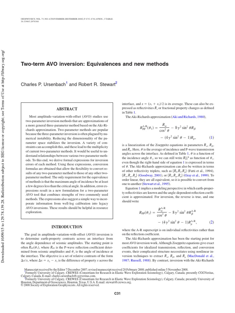Two-Term AVO Inversion: Equivalences and New Methods: Charles P. Ursenbach and Robert R. Stewart ...