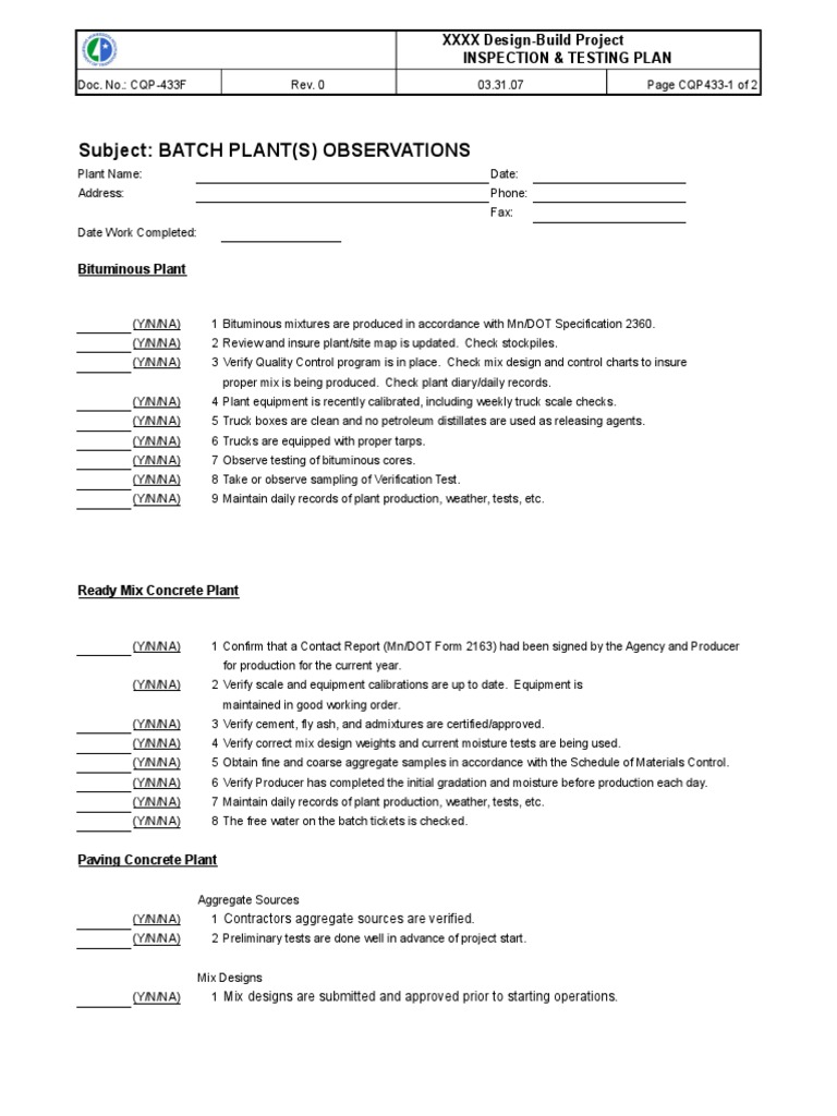 CQP433F Batch Plants Observation | PDF | Construction Aggregate | Concrete