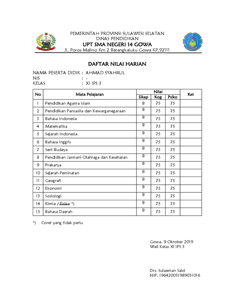 Daftar Nilai Harian Siswa Pindah Pdf