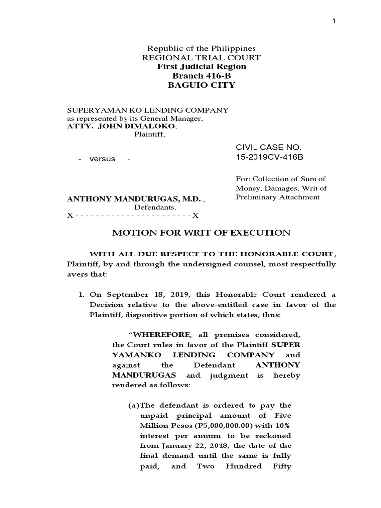 Motion For Writ of Execution | PDF | Lawsuit | Judgment (Law)