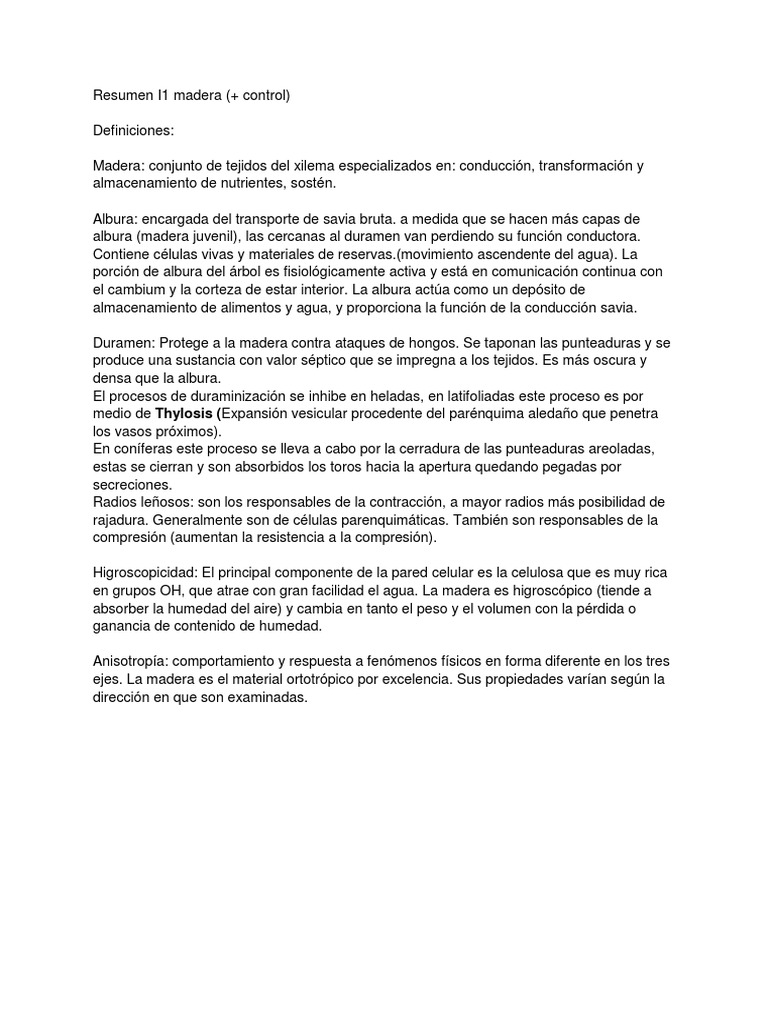 Resumen I1 Madera (+ Control) | PDF | Madera | Tallo de la planta