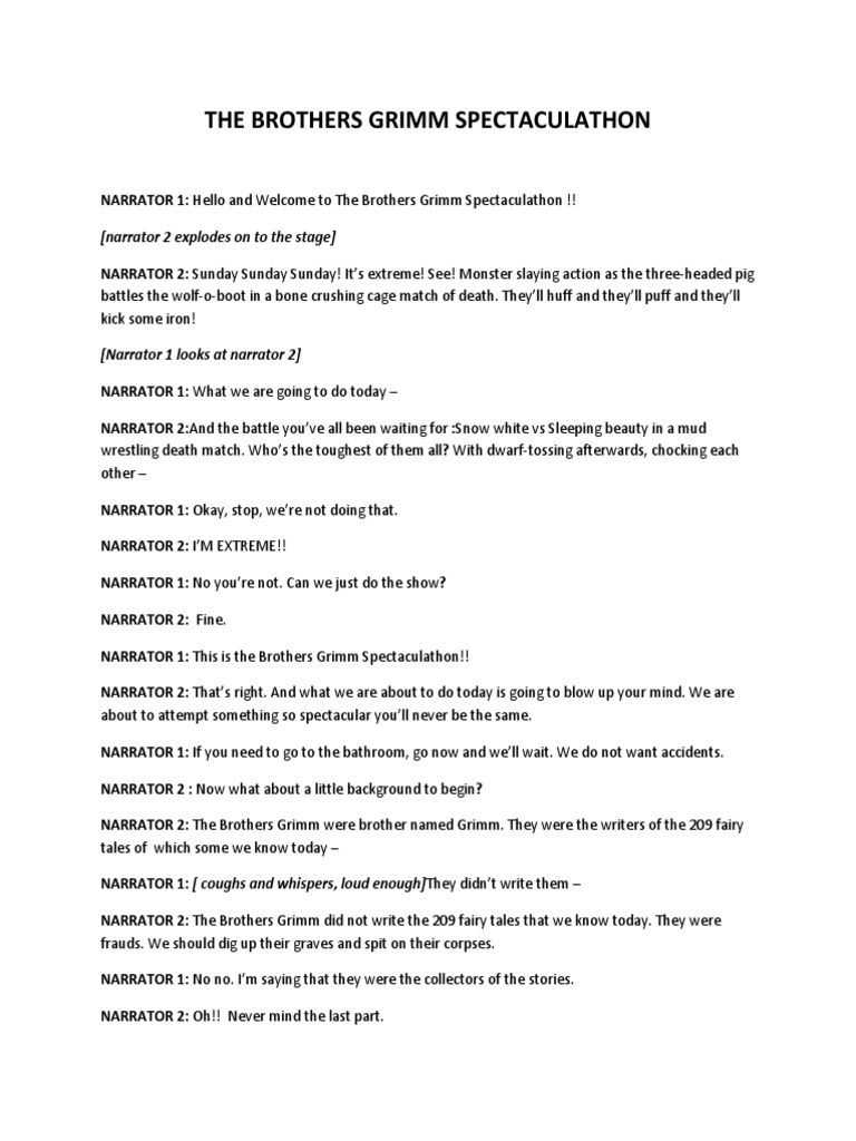 Brothers Grimm Spectaculathon Script | PDF | Rapunzel | Folklore