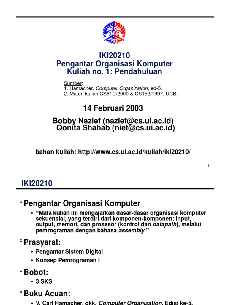 IKI20210 Pengantar Organisasi Komputer Kuliah No. 1: Pendahuluan | PDF ...