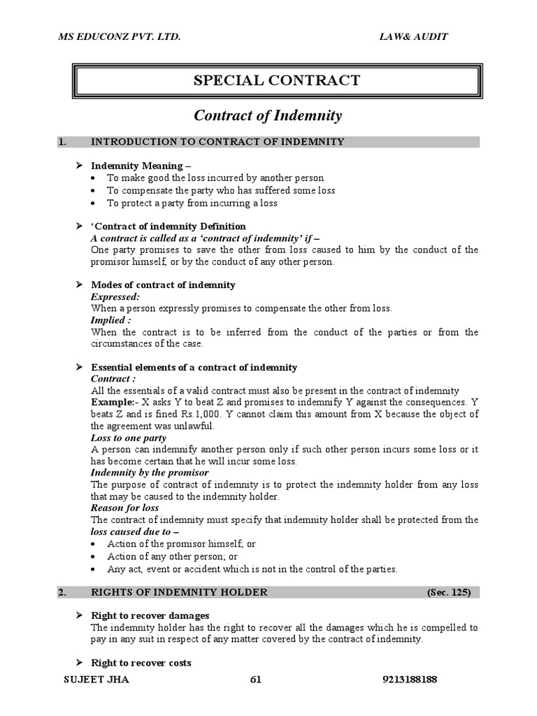 Special Contract Contract Of Indemnity Pdf Pdf Guarantee Law Of