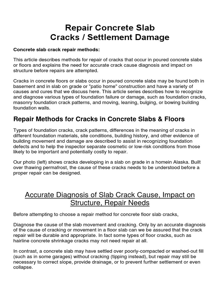 Repair Concrete Slab Cracks / Settlement Damage | PDF | Basement | Concrete