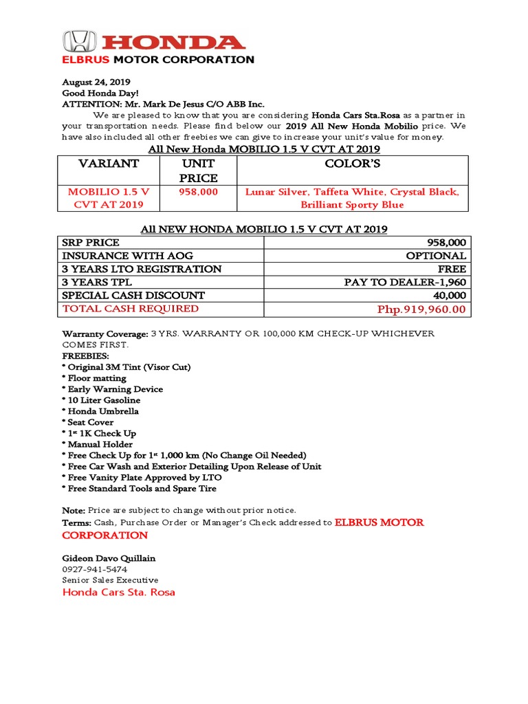All New Honda Mobilio 1.5 V CVT 2019 Formal Quotation | PDF | Finance ...