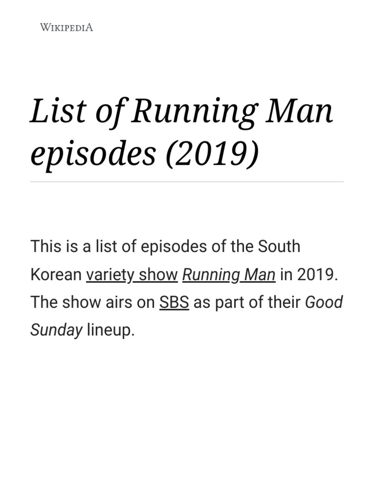 List of Running Man Episodes (2019) - Wikipedia PDF | PDF | Leisure