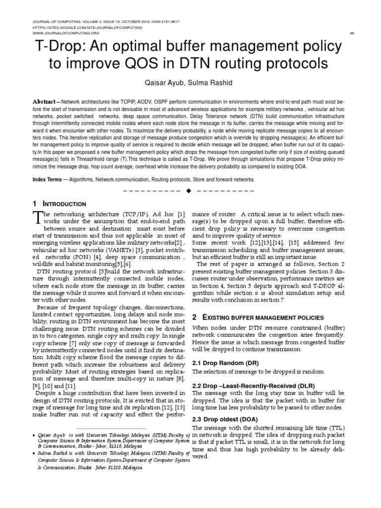 T Drop An Optimal Buffer Management Policy To Improve Qos In Dtn Routing Protocols Pdf