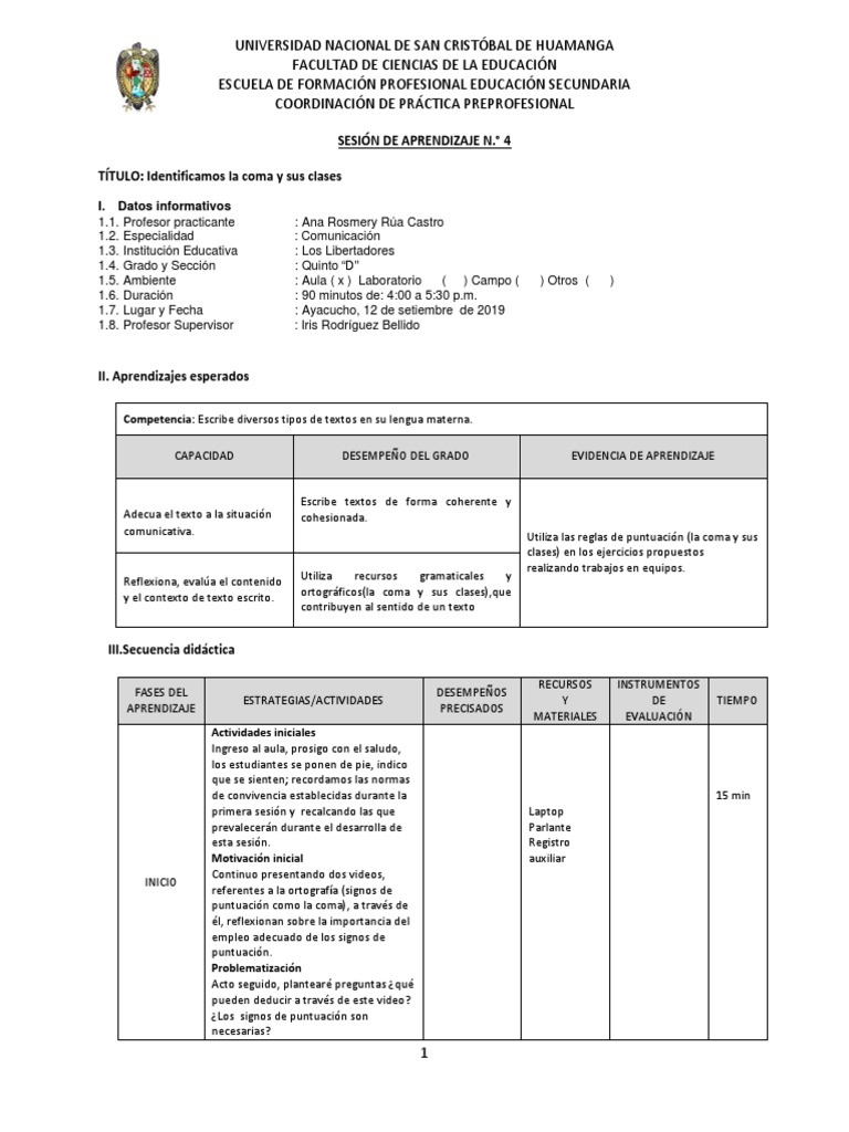 Sesión de Aprendizaje #4 "La Coma y Sus Clases" | PDF | Coma | Puntuación