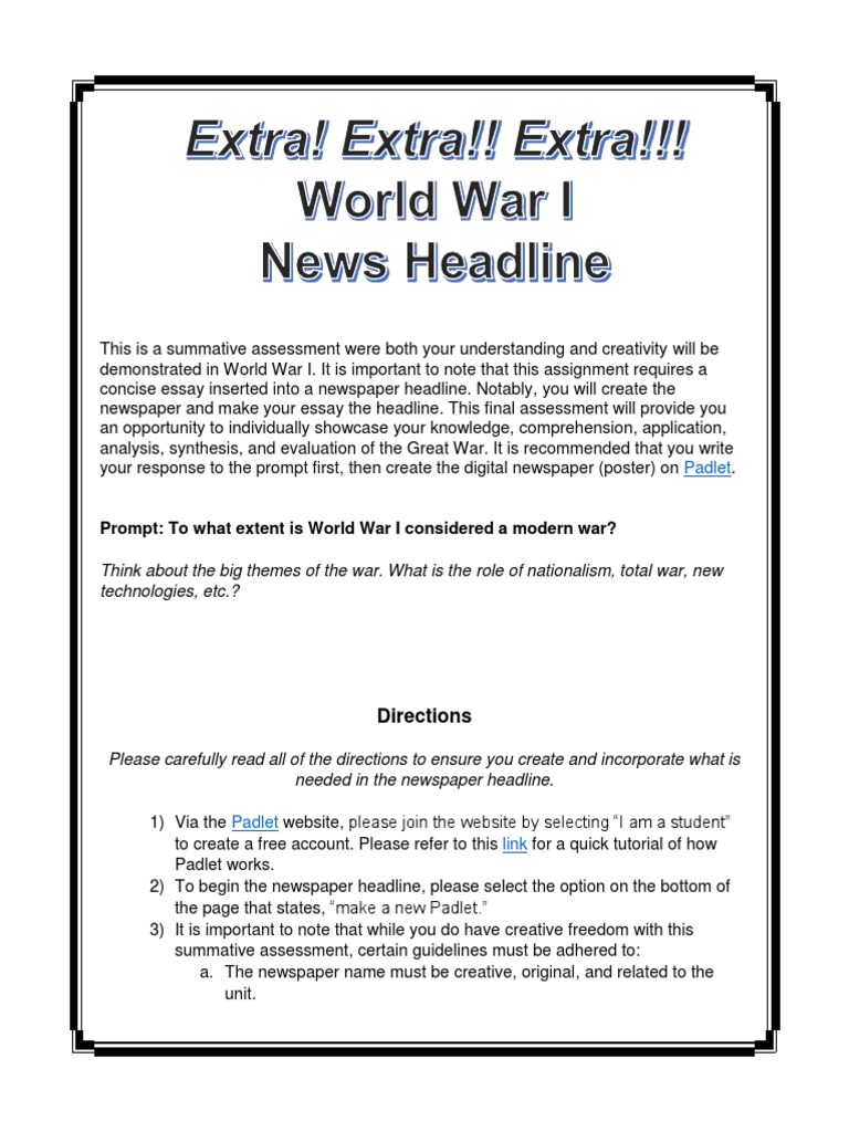 World War I Summative Directions | PDF | Essays | Reading Comprehension
