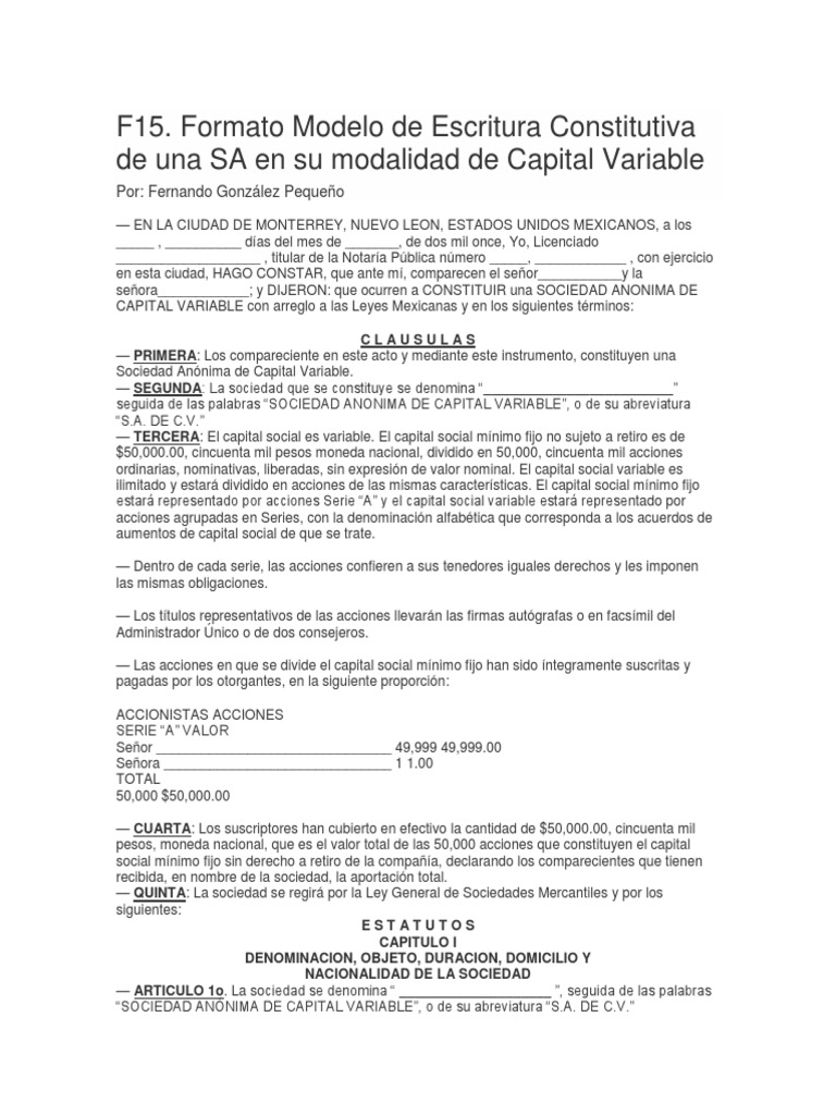 F15. Formato Modelo de Escritura Constitutiva de una SA en su modalidad de Capital Variable ...