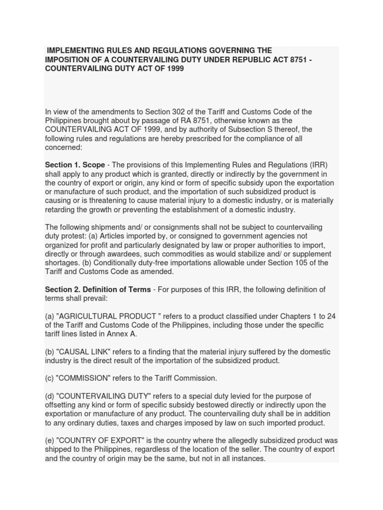 Imposition of A Countervailing Duty Under Republic Act 8751 ...