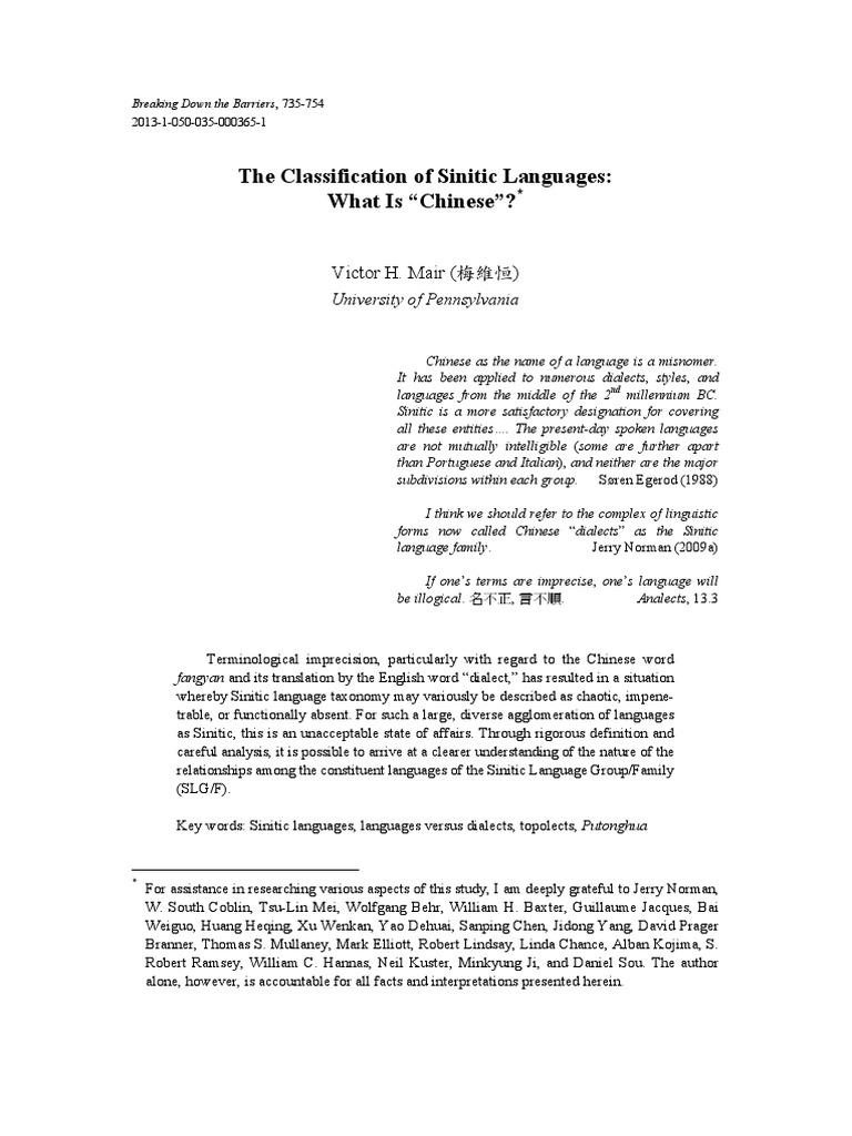 The Classification of Sinitic Languages: What Is "Chinese"?: Victor H ...