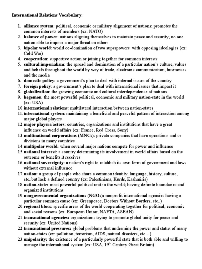 International Relations Vocabulary | PDF | International Relations | Nation