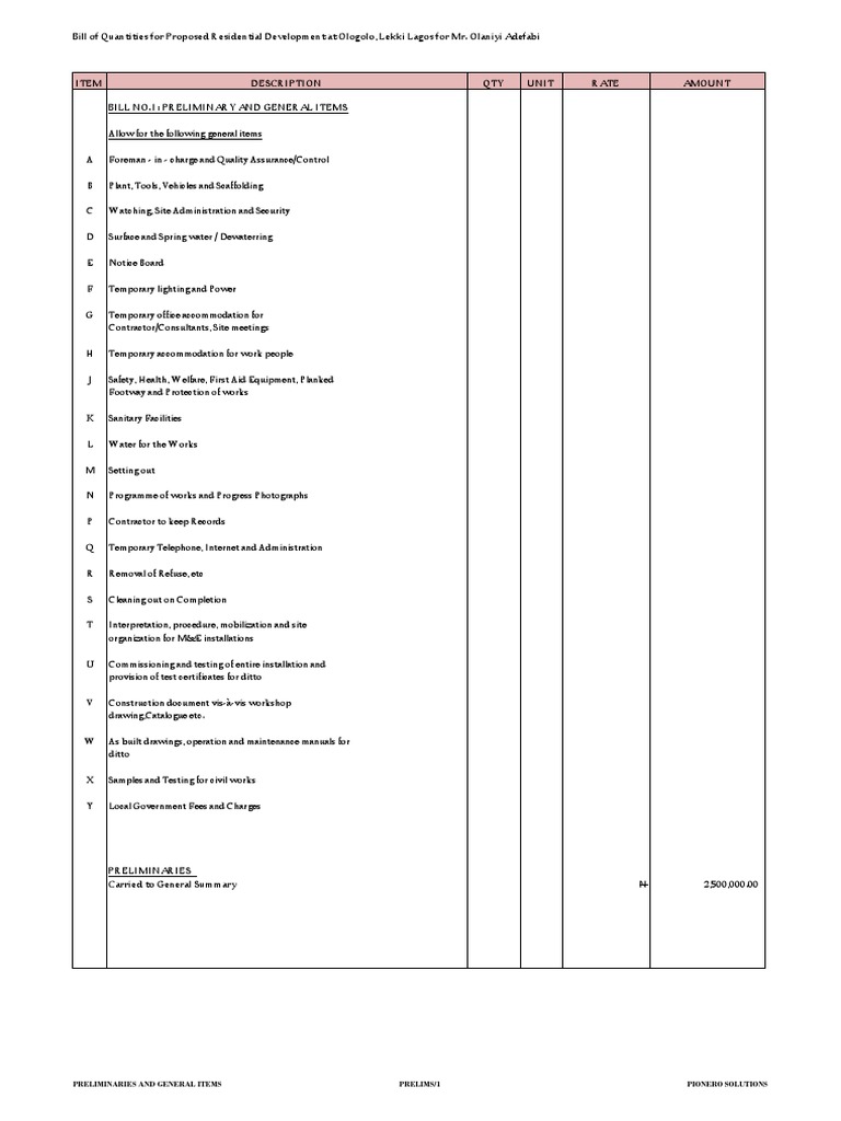 Bill of Quantities For Proposed Residential Development Lekki | PDF ...