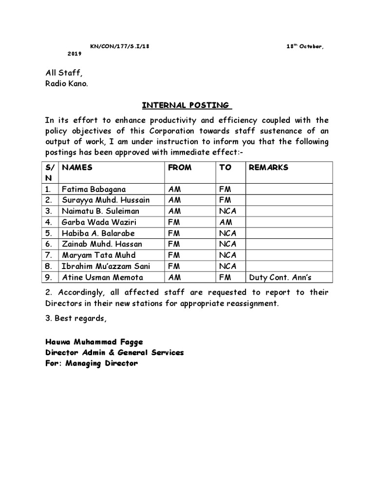 Internal Staff Postings Announcement | PDF