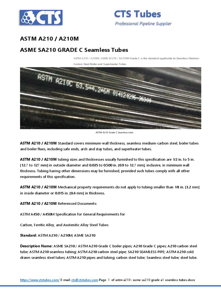 Astm A210 Asme Sa210 Grade C Seamless Tubes | PDF | Pipe (Fluid ...