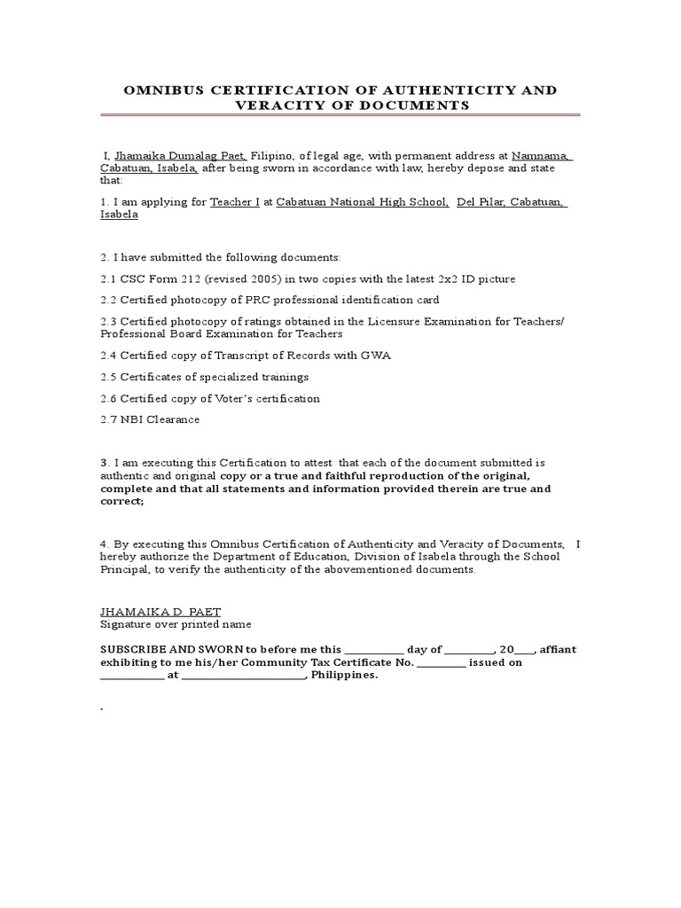 Omnibus Certification of Authenticity and Veracity of Documents | PDF