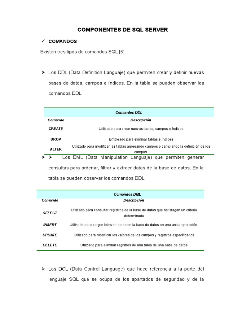 Componentes de SQL Server: Comandos | PDF | SQL | Tabla (base de datos)
