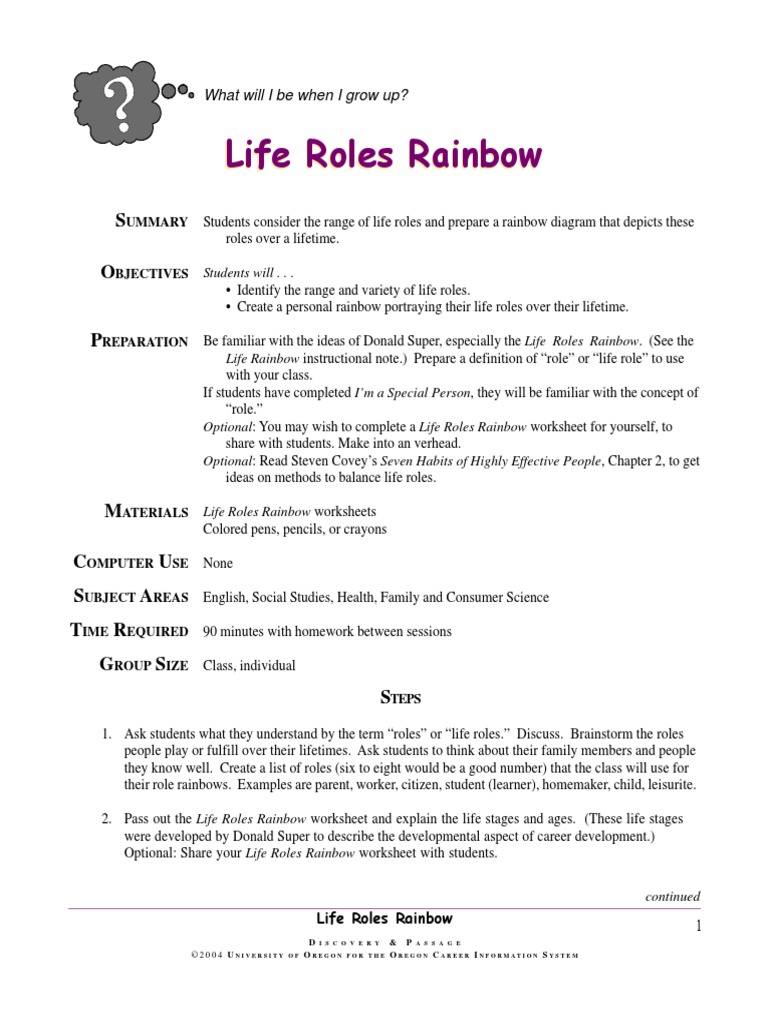 Life Roles Rainbow Ms PDF | PDF | Labour Economics | Employment