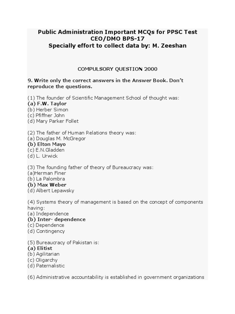 Public Administration MCQs For PPSC Test | PDF | Leadership | Motivation