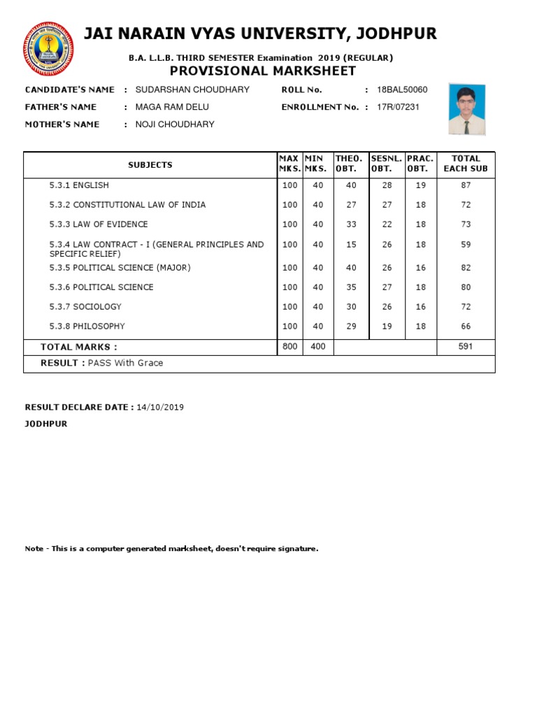 Jai Narain Vyas University, Jodhpur: Provisional Marksheet | PDF