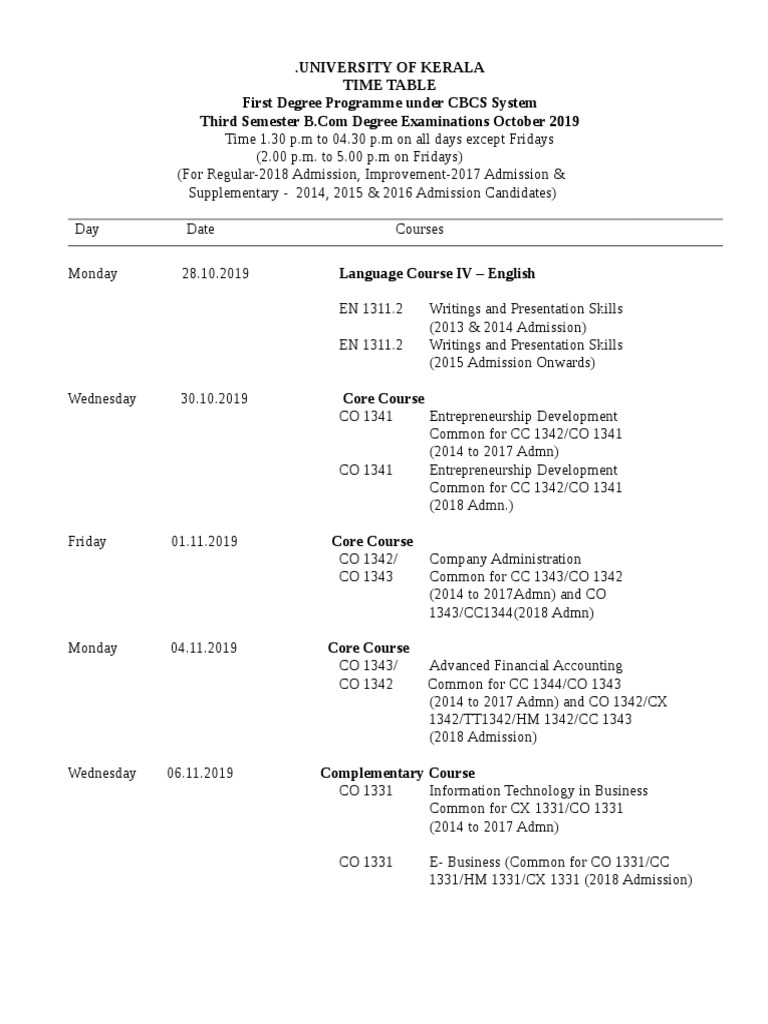 .University of Kerala Time Table First Degree Programme Under CBCS System | PDF | Learning ...