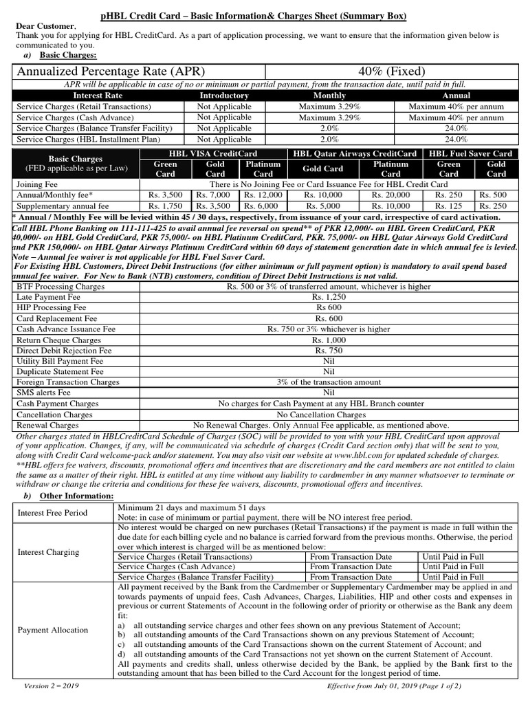 HBL Credit Card - Basic Charges Sheet (Version 2 W.E.F July 01 2019 ...