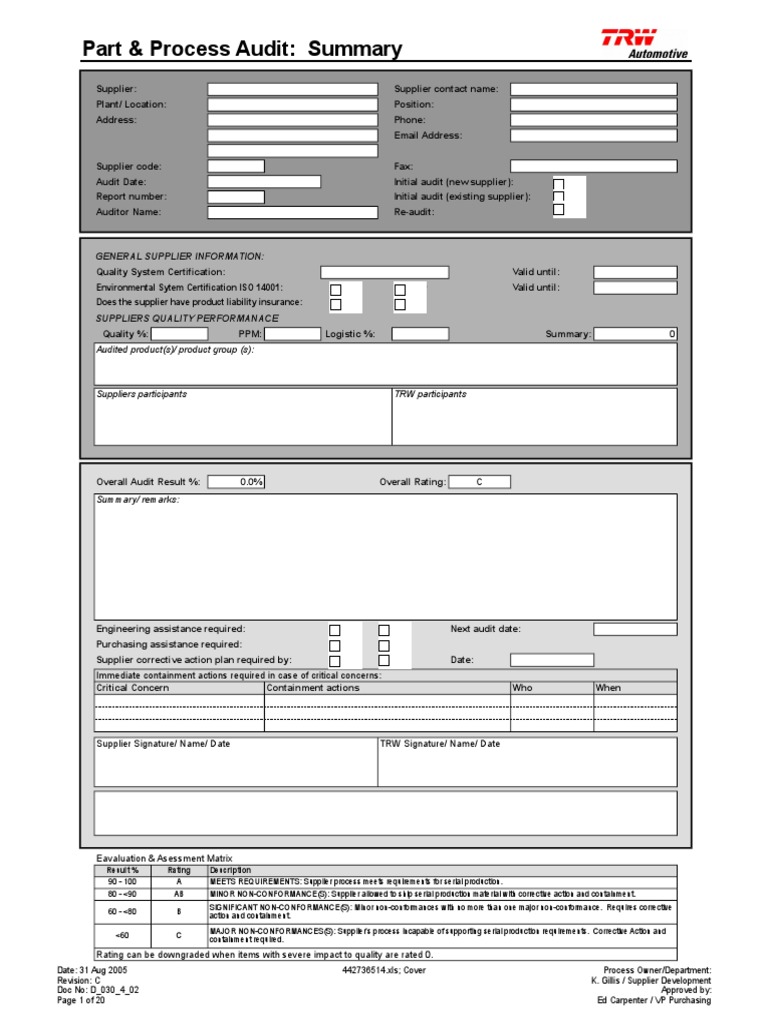 Part & Process Audit: Summary: General Supplier Information | PDF ...