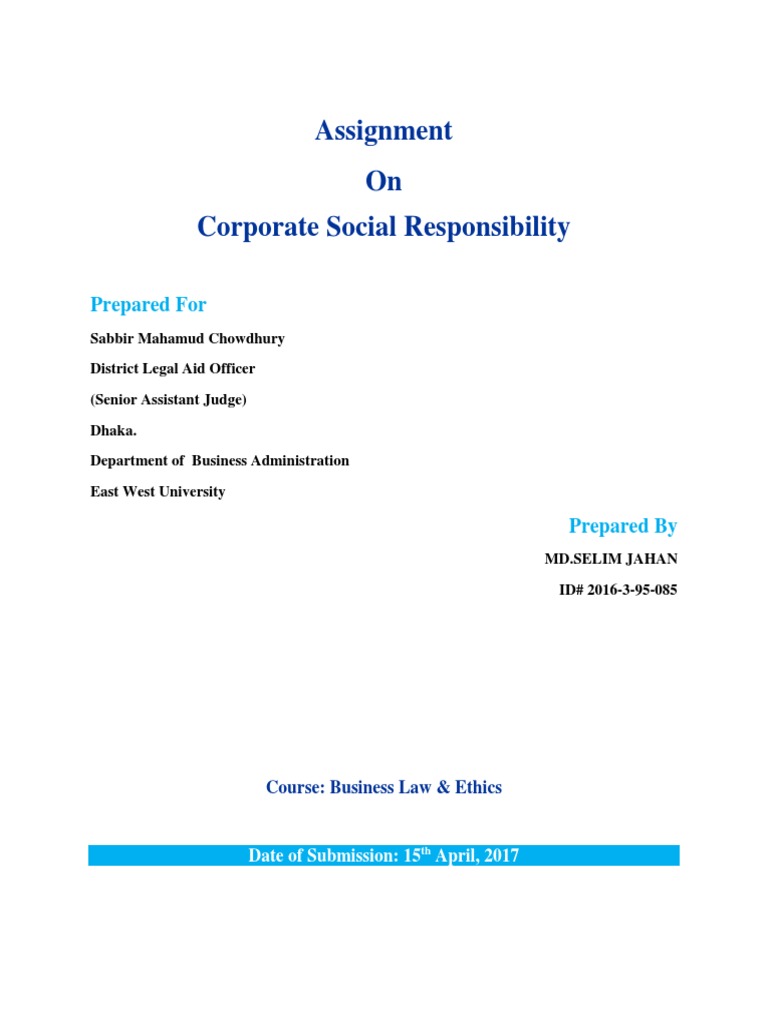 Assignment On Corporate Social Responsibility: Prepared For | PDF