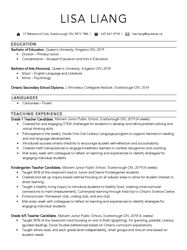 Lisa Liang Resume 2019 Final | PDF | Inquiry Based Learning | Teachers