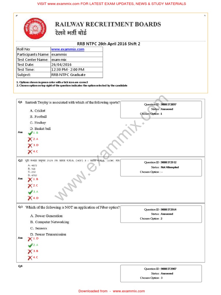 RRB NTPC CBT-1 Question Paper 26th April All Shift (English) | PDF ...
