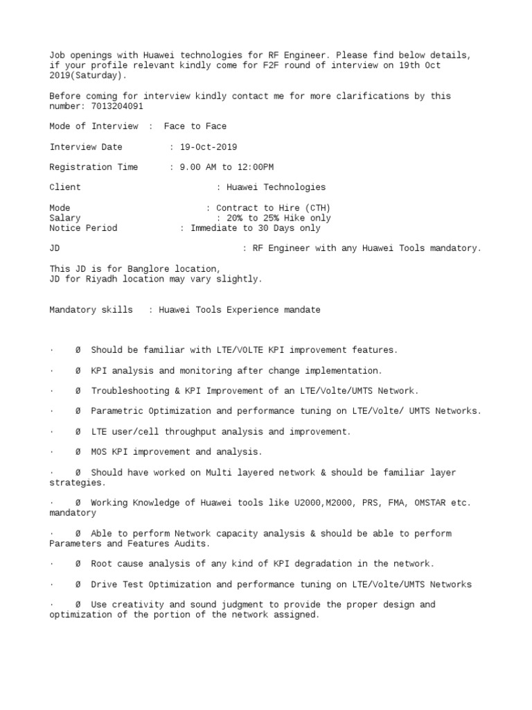 Job Description RF Engineer Huawei | PDF