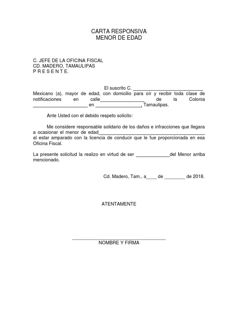 Carta Responsiva Menor de Edad | PDF