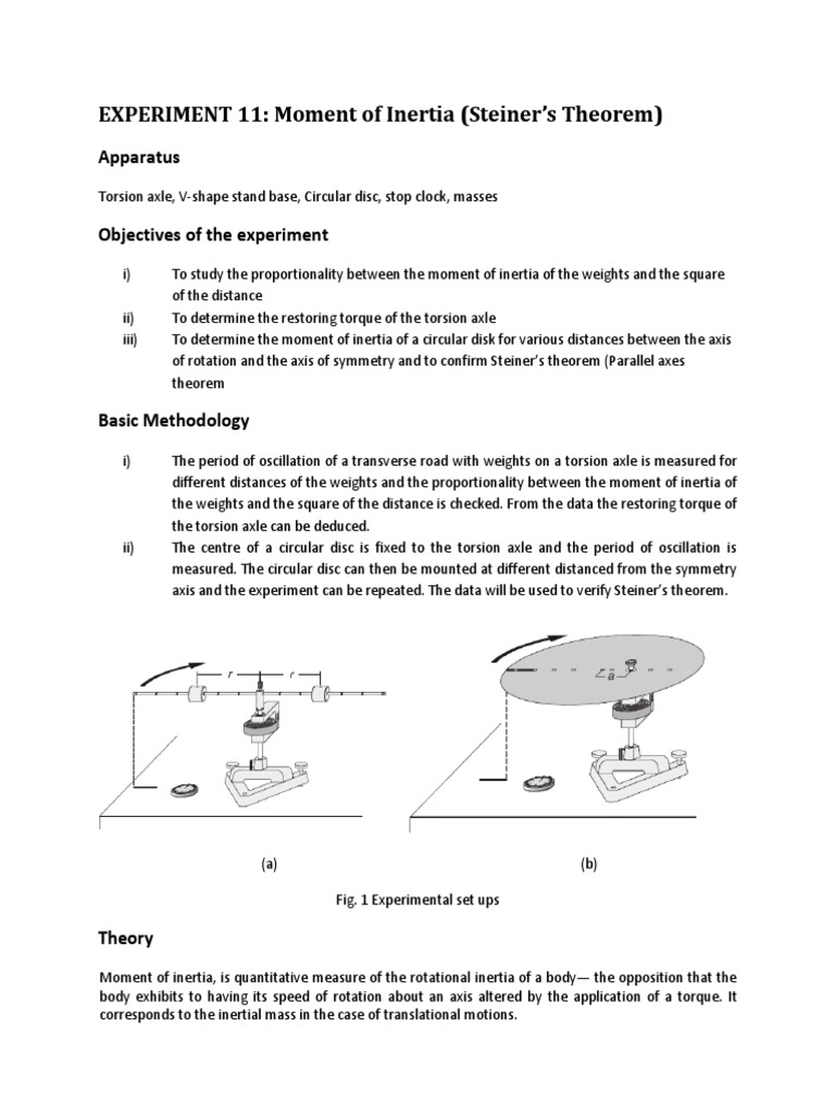 EXPERIMENT 11: Moment of Inertia (Steiner's Theorem) : Apparatus | PDF | Rotation Around A Fixed ...