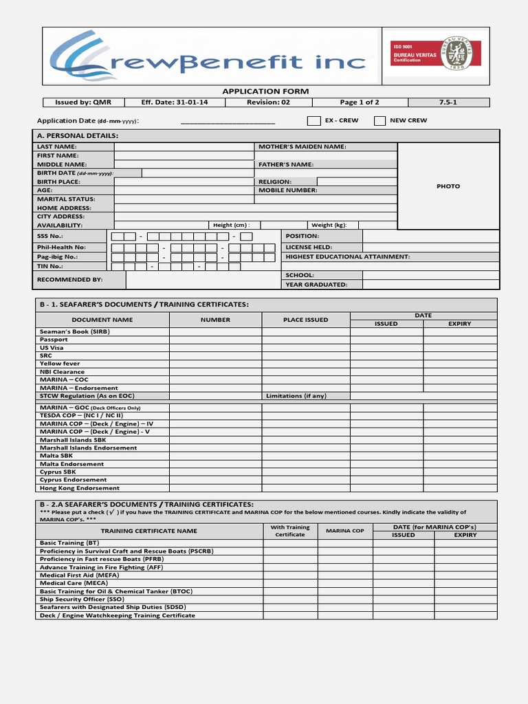 Seafarer Application Form and Documents | PDF | Ships | Shipping