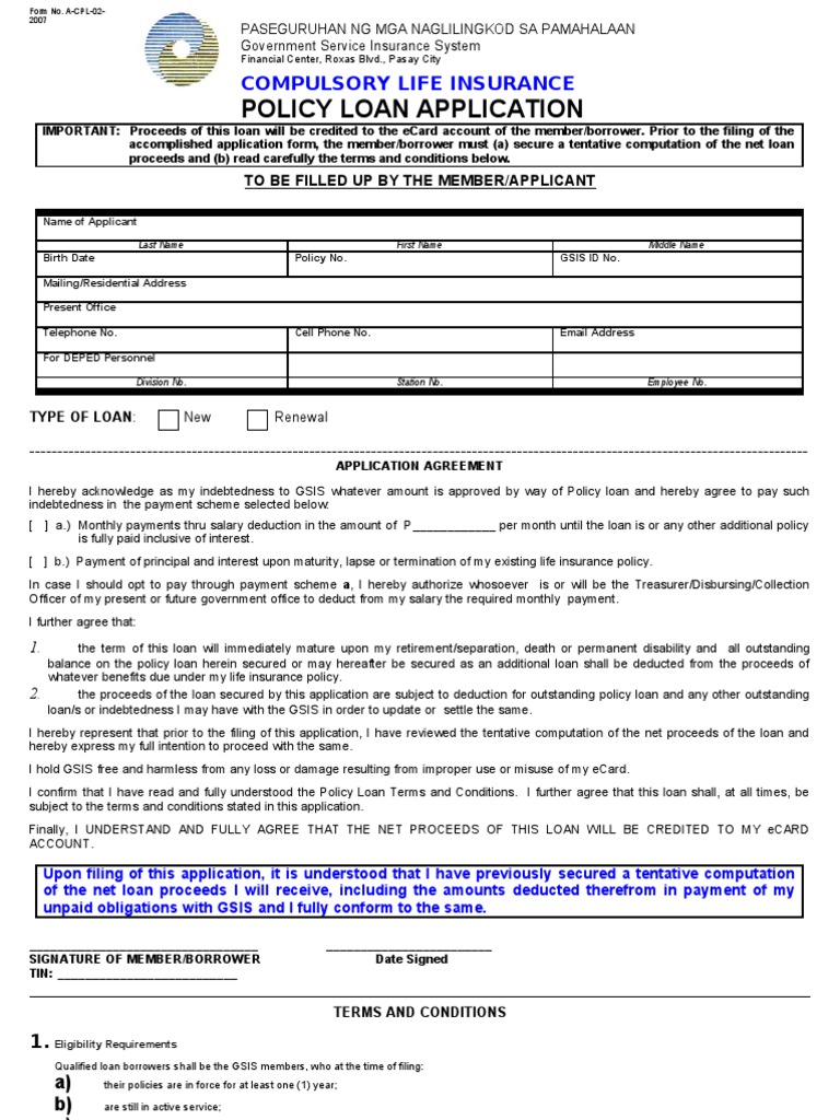 Regular Policy Loan Application Form 3 | Loans | Interest