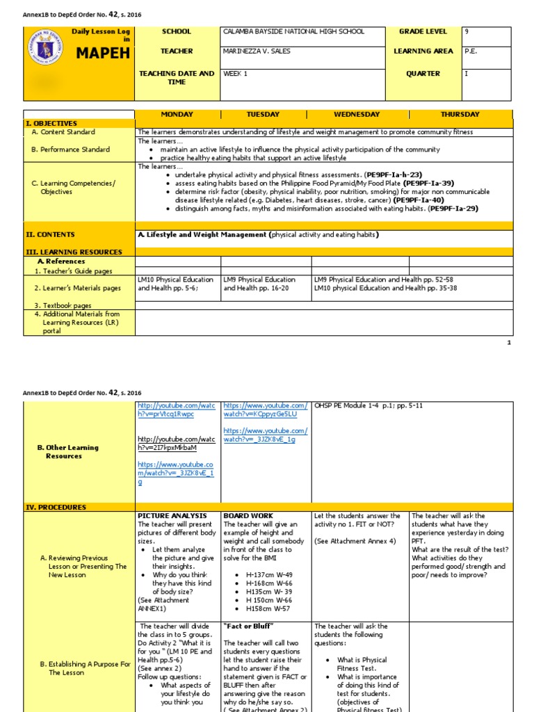 Grade 9 PE 1st Quarter Week 1 Plan | PDF | Physical Education | Weight ...