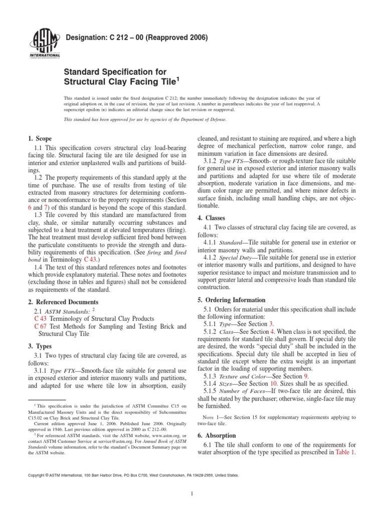 Structural Clay Facing Tile: Standard Specification For | PDF | Masonry ...