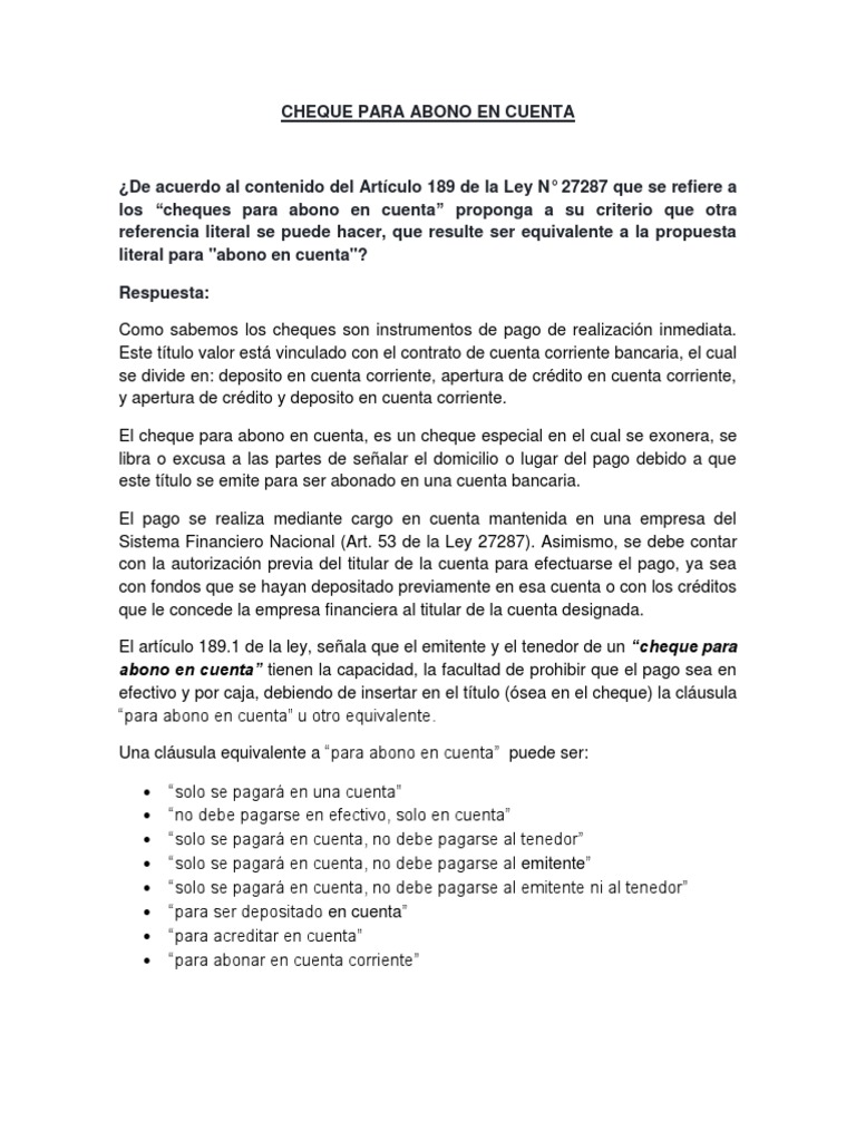 Cheque para Abono en Cuenta | PDF