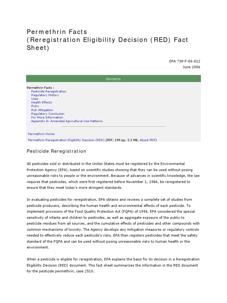 Permethrin Facts (Reregistration Eligibility Decision (RED) Fact Sheet ...