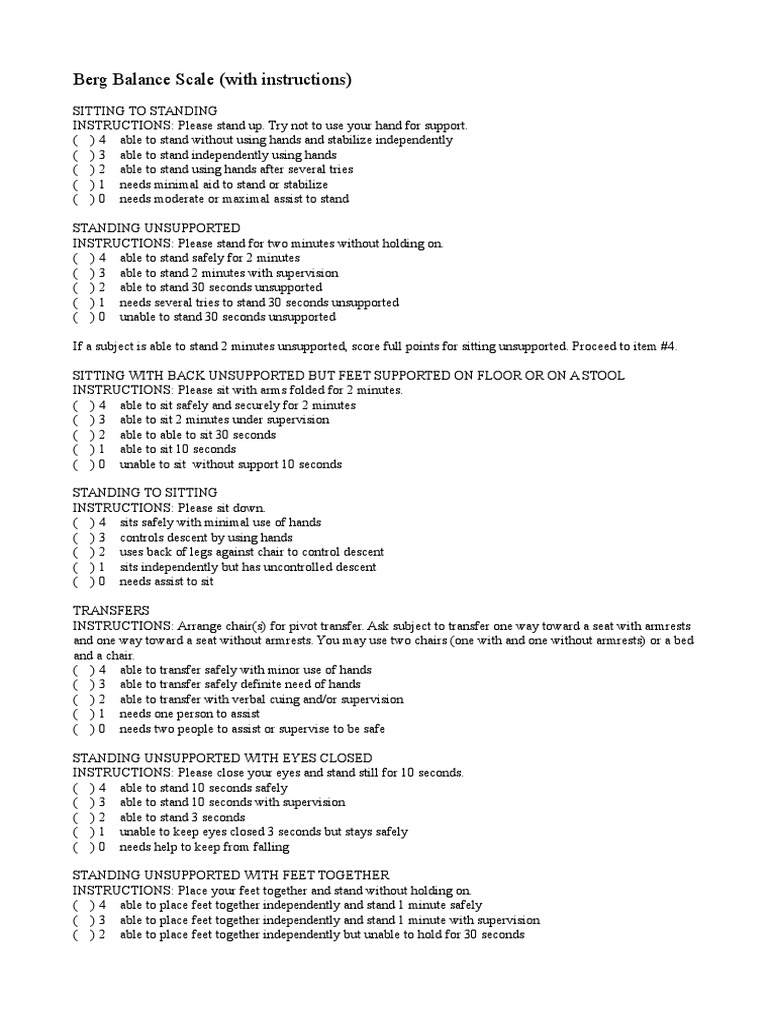 Berg Balance Scale (With Instructions) | PDF | Chair | Sports