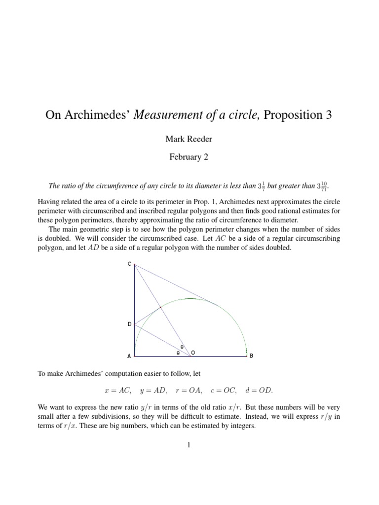 On Archimedes' Measurement of A Circle, Proposition 3: Mark Reeder ...