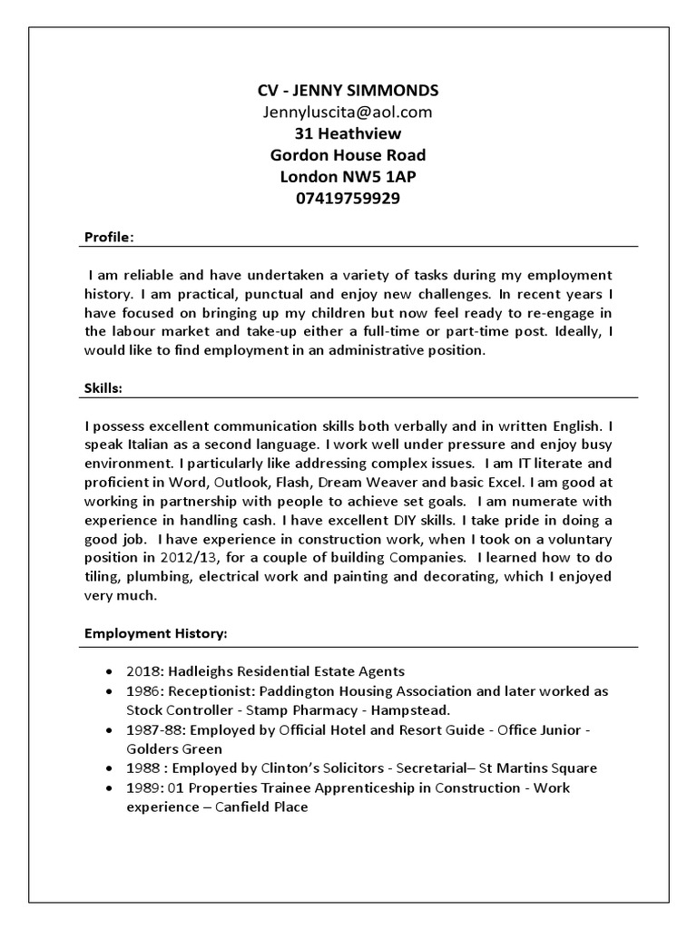 Jenny Simmonds CV | PDF