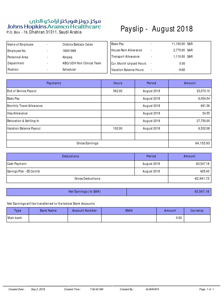 Payslip - August 2018: Dhahran 31311, Saudi Arabia | PDF | Services ...