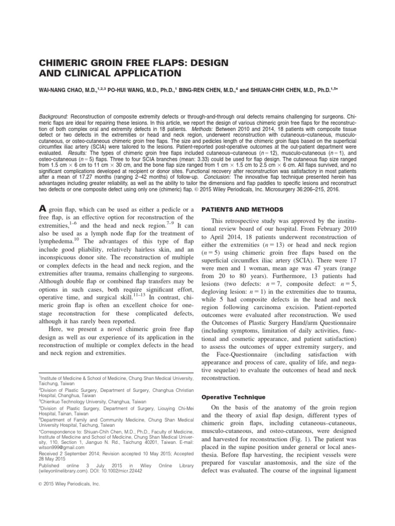 Chimeric Groin Free Flaps Design and Clinical Application ...