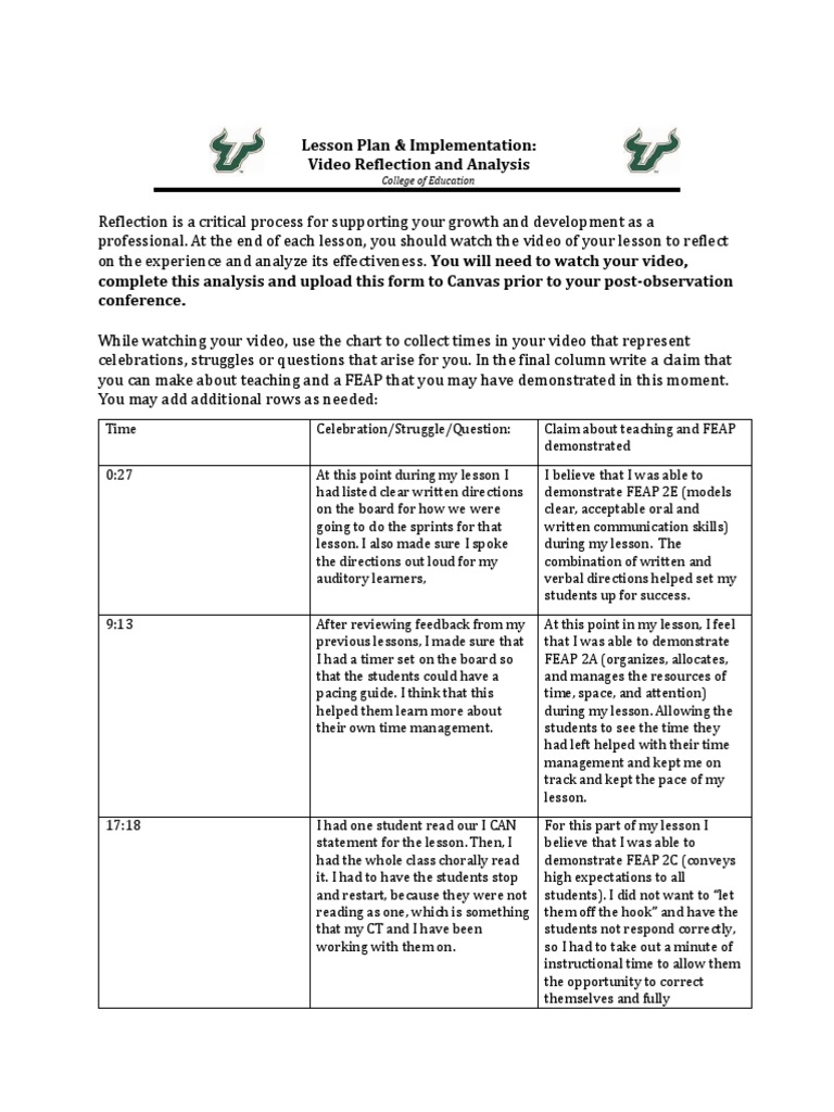 Lesson Plan & Implementation: Video Reflection and Analysis: College of ...