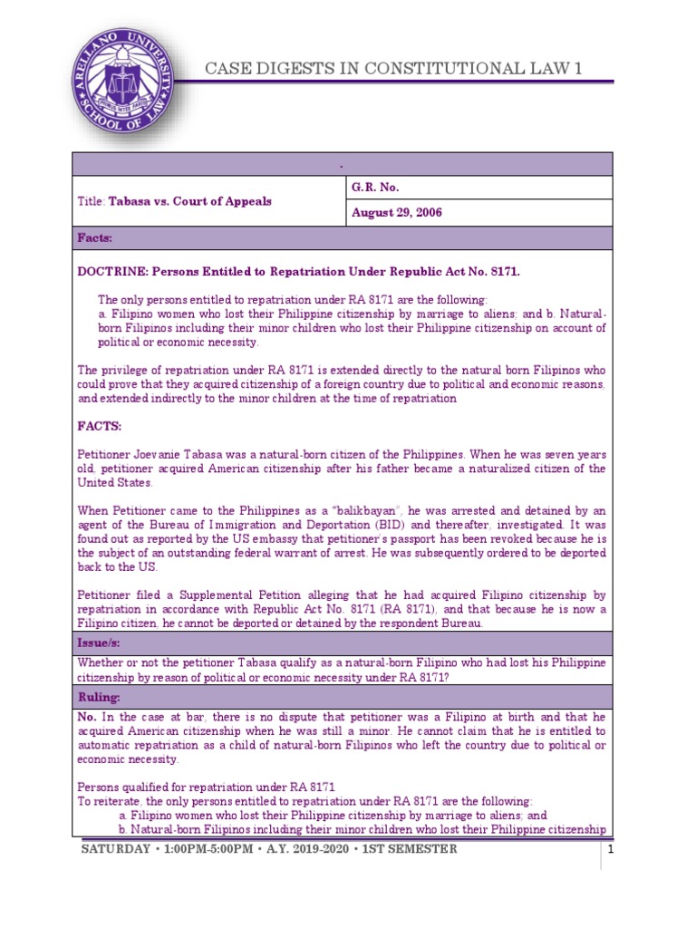 Case Digests in Constitutional Law 1 | PDF | Naturalization | Citizenship