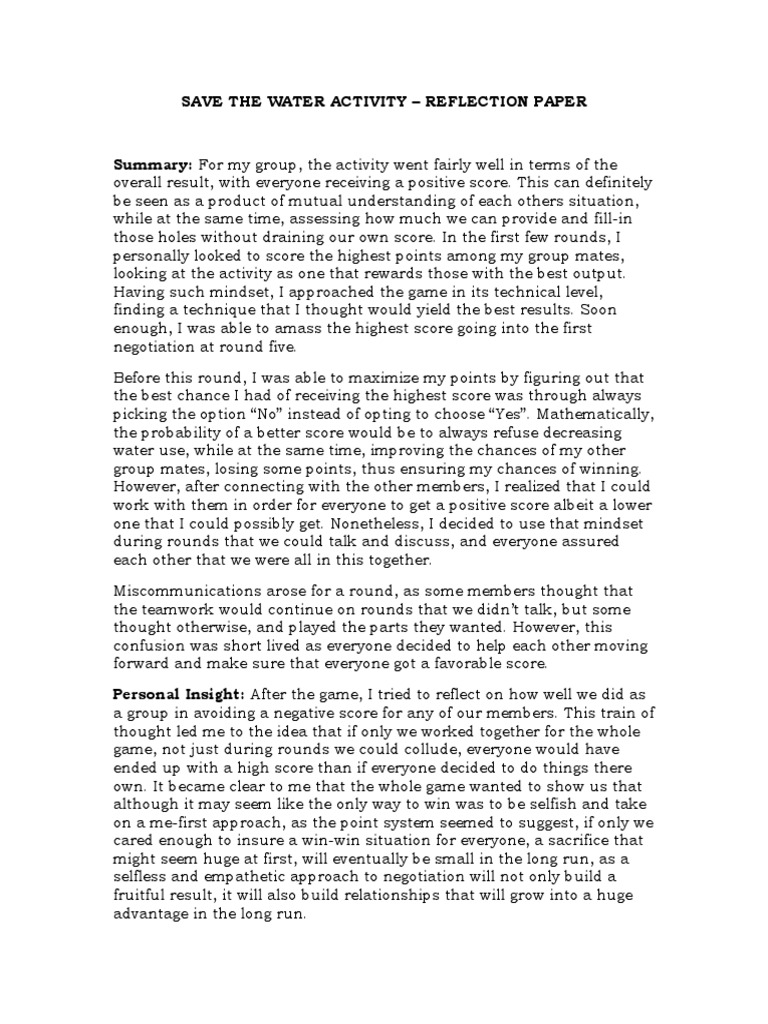 Save The Water Activity - Reflection Paper - Dimla | PDF ...
